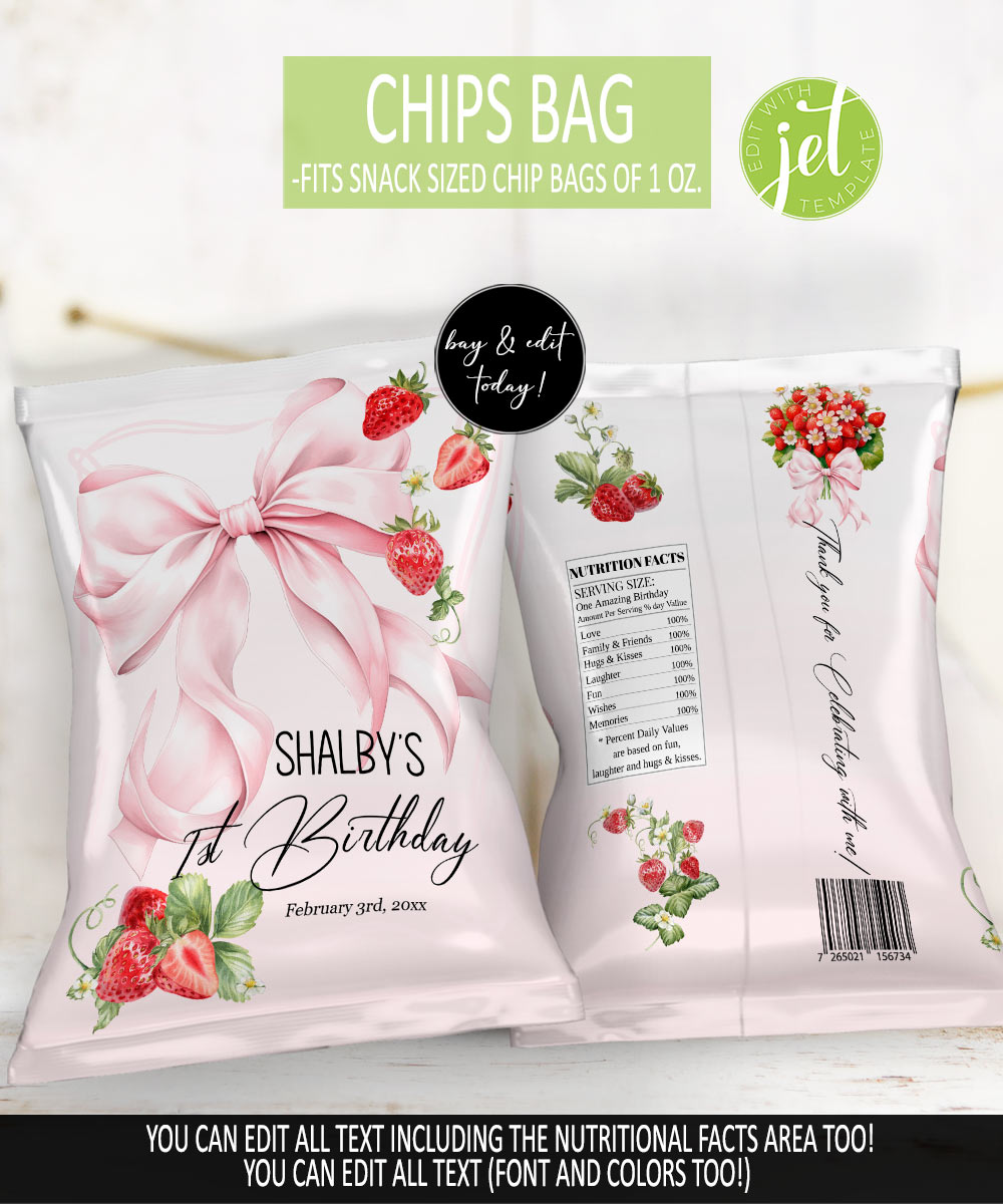 Coquette Baby Girl Pink Bow Chip Bags | Strawberry First Birthday ...