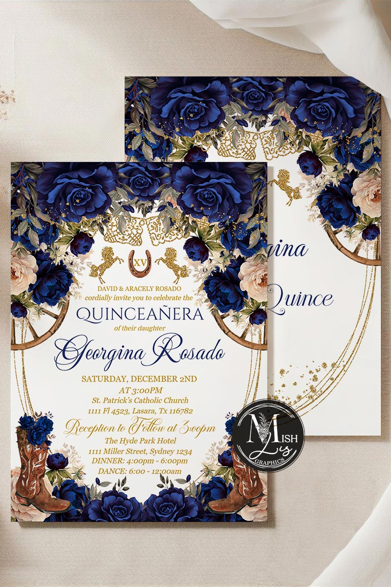 Rustic Western Quinceañera Invitation – Editable Navy Floral
