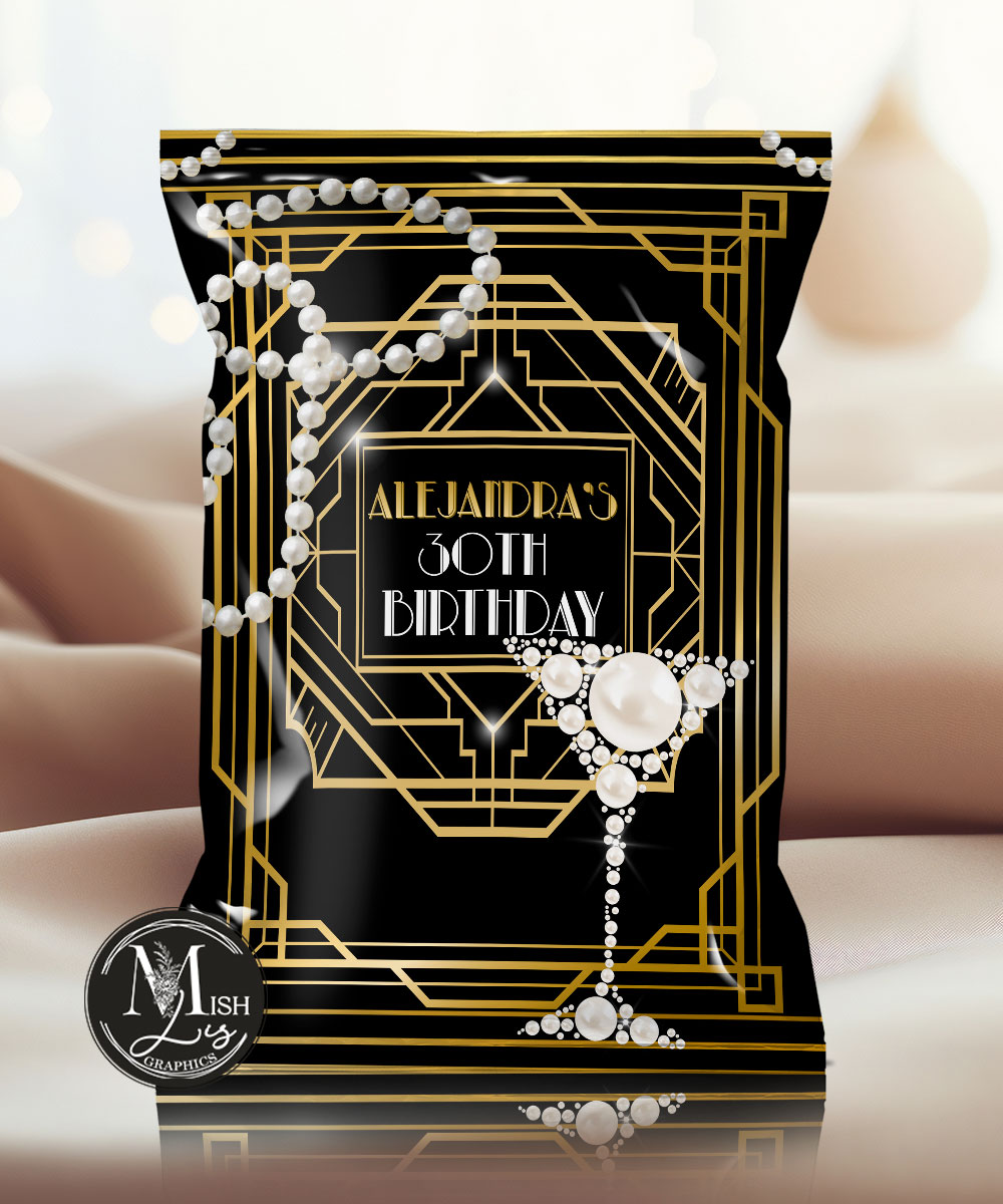 Great Gatsby Chip Bag - Black and Gold Art Deco Favor