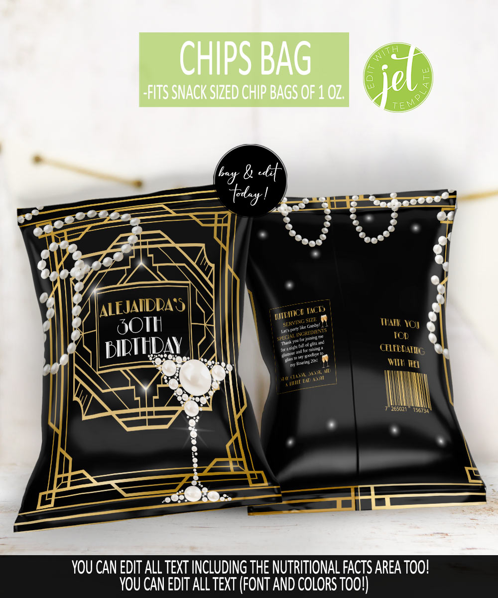 Great Gatsby Chip Bag - Black and Gold Art Deco Favor