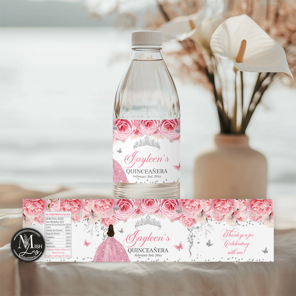 Pink Roses Silver Quinceañera Water Bottle Labels