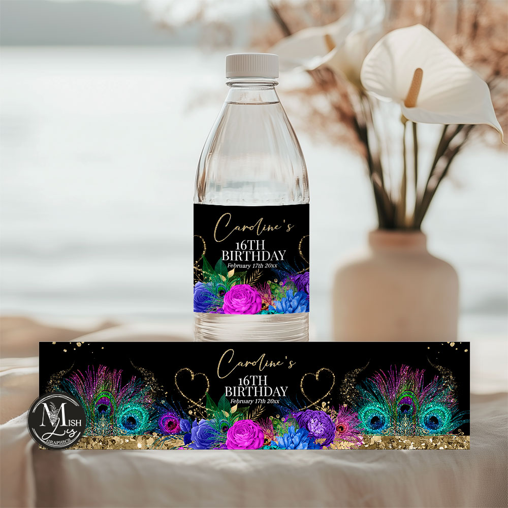 Peacock Birthday Water Bottle Label - Editable Label