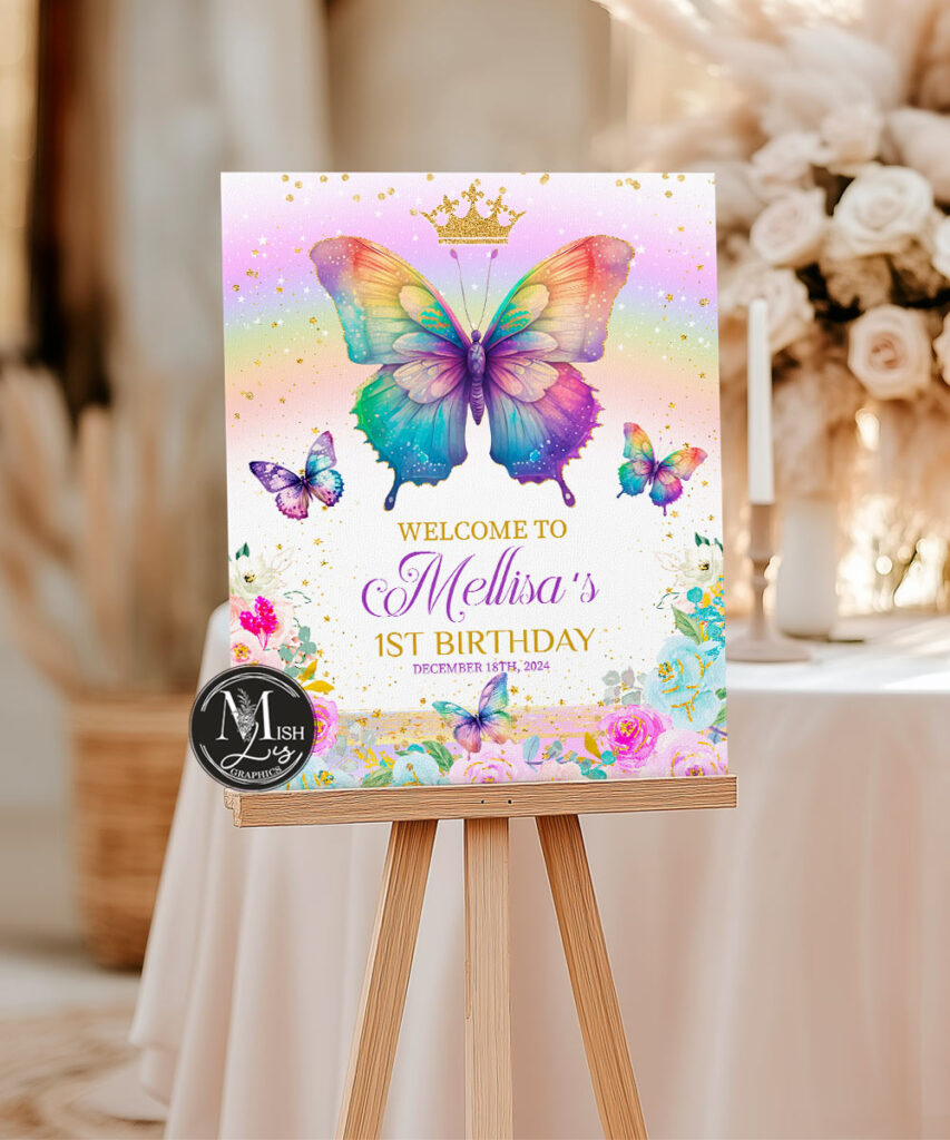 Butterfly Welcome Sign | Rainbow Butterfly Party Decor
